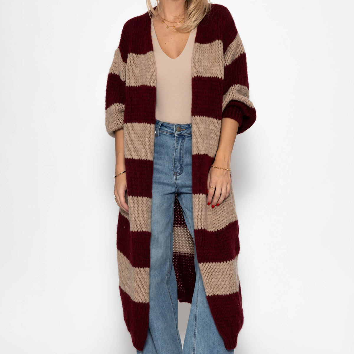 Extra long cardigan with block stripes - burgundy – SASSYCLASSY